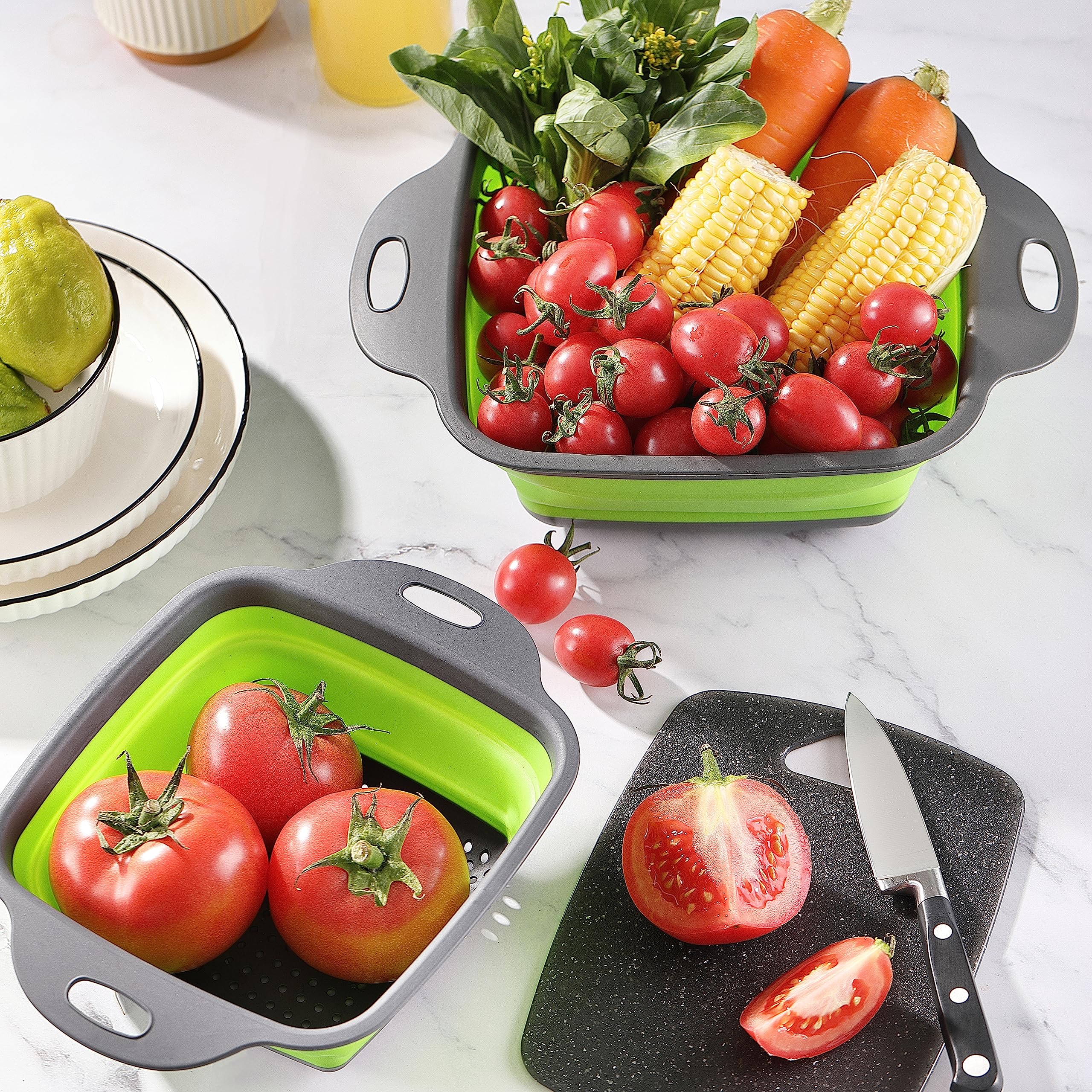 2PCS Collapsible Strainer, JJOO Silicone Collapsible Colander, 11.5 inch Square Silicone Colander and 9.5inch Square Silicone Colander, Vegetable and Fruit Colander, Kitchen Food Strainers (Green)