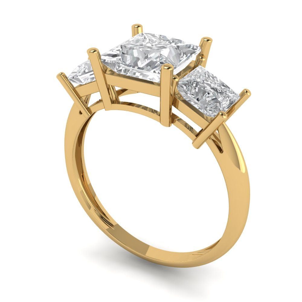 2.62 Ct Princess Cut Clear Simulated Diamond 14K Yellow Gold Solitaire with Accents Three Stone Statement Ring Size 11