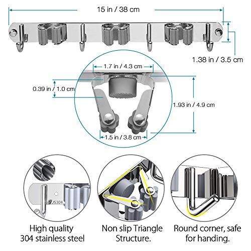 JEWJIO Broom Mop Holder Wall Mounted - Broom Storage Rack Utility Hanger 3 Racks 4 Hooks for Bathroom Home Kitchen Office Closet Garage Stainless Steel Heavy Tool Storage Rack (15 Inch)