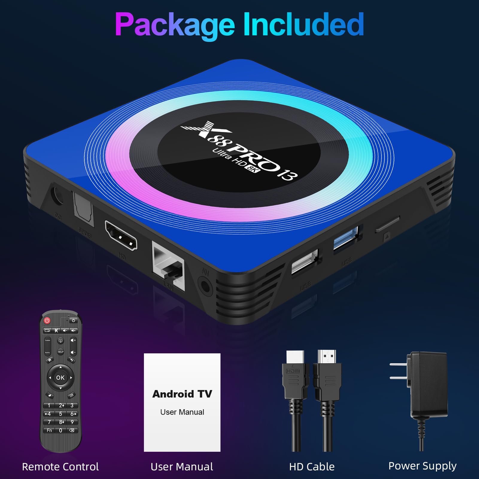Android 13.0 TV Box,X88 Pro 13 Android Box 4GB RAM 32GB ROM RK3528 Quad-Core ARM Corter-A53 CPU Mali G31 MP2 GP,Supporting Bluetooth 5.0 USB 3.0 LAN 2.4GHz/ 5GHz WiFi 6 Android TV Box 2023