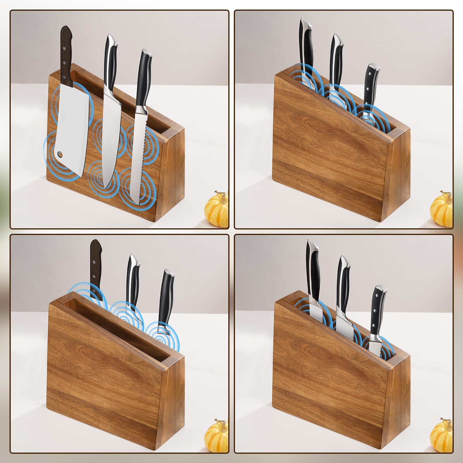 Acacomft Large Magnetic Knife Block 11.8x10 inches, 4-Side Universal Knife Holder Builted in Powerful Magnet, Natural Acacia Wood Knife Storage Organizer for Kitchen Display