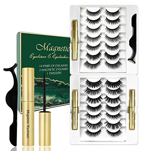 Rechoo Magnetic False Eyelashes Kit- 14 Pairs Different Magnetic Lashes Natural Look with 3 Eyeliners, Reusable 3D Black False Eyelashes with Applicator and Tweezers for Daily Eyelash Extension