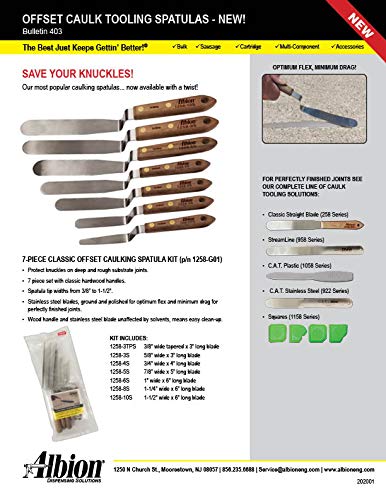 Albion Engineering 1258-G01 7-Piece Classic Offset Caulk Tooling Spatula Set, Stainless Steel with Hardwood Handle