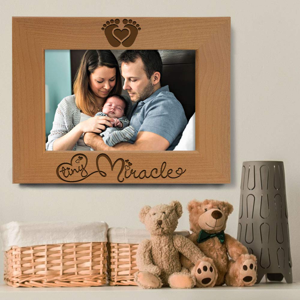 KATE POSH Tiny Miracle Engraved Natural Wood Picture Frame, New Baby Frame Gift, New Mom, New Dad, Newborn Baby Gift, Gender Reveal Gift (4x6 Horizontal)
