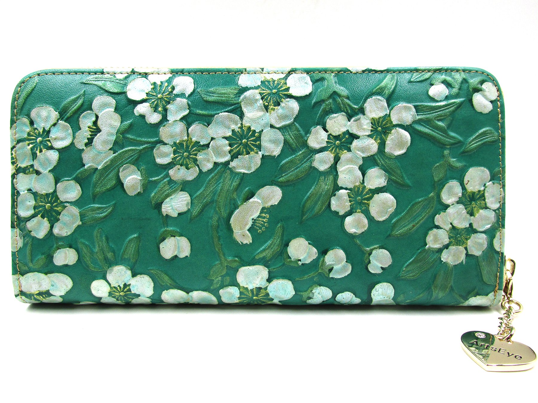 ArtsEye Peach Embossed Genuine Leather Zip Around Wallet (Green)