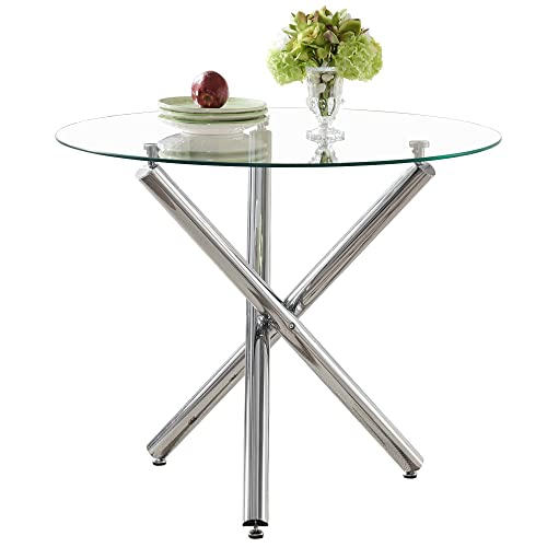 Round Glass Dining Table for 2 to 4 Person - 35.4" Inch Kitchen Dining Room Table with Tempered Glass Top, Sturdy Chrome Legs, Modern Circle Leisure Table for Dinner Apartment Small Spaces