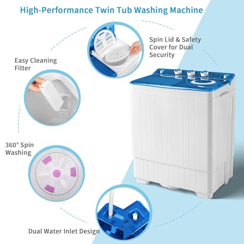 26Lbs Portable Washing Machine and Dryer, Twin Tub Portable Washer Dryer Combo with Drain Pump, Semi-Automatic 18Lbs Washer Mini Laundry Machine with 8Lbs Spinner for Dorms, Apartments, RVs, Blue