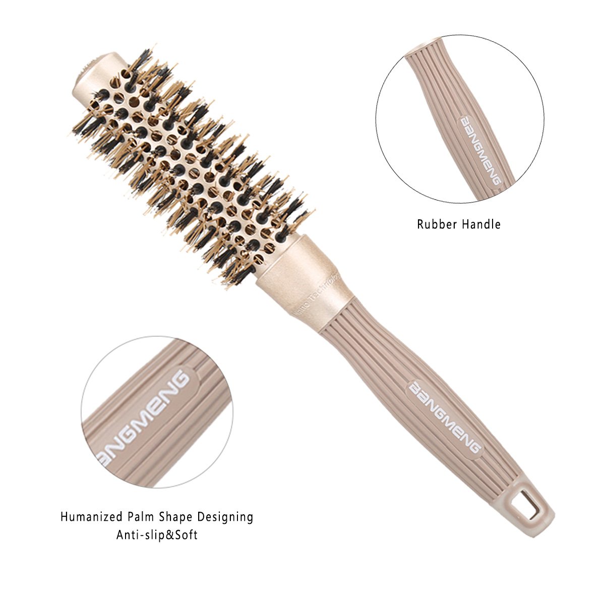 BANGMENG Round Brush with Boar Bristles, 1 inch Barrel, Nano Thermal Ceramic Ionic Tech for Straightening and Blow Drying, Gold