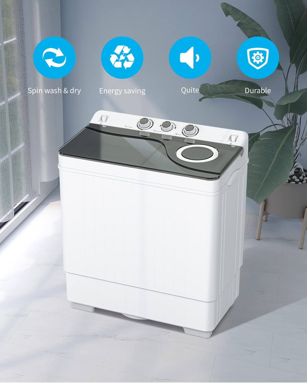 26Lbs Portable Washing Machine and Dryer, Twin Tub Portable Washer Dryer Combo with Drain Pump, Semi-Auto 18Lbs Washer Mini Laundry Machine with 10Lbs Spinner for Dorms, Apartments, RVs, Light Gray