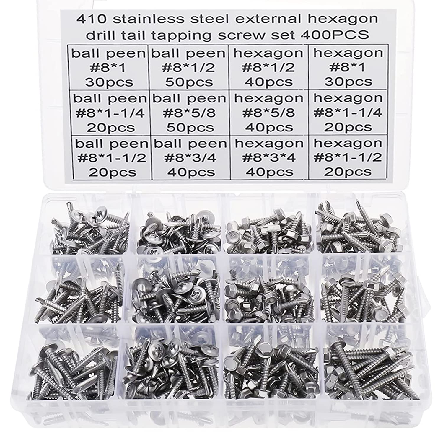 Toolly 400PCS #8 x 1/2" to 1-1/2" Self Drilling TEK Screws Assortment Kit, Hex Washer Head & Wafer Head, 410 Stainless Steel Self Tapping Sheet Metal Screws for Metal, Wood, Plastics