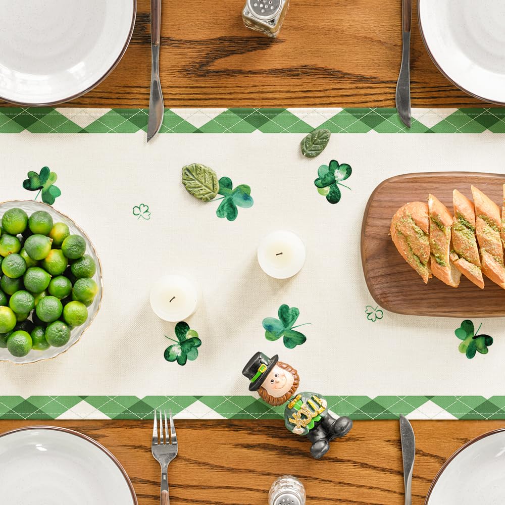 Artoid Mode Buffalo Plaid Edge Shamrock Loads of Luck St. Patrick's Day Table Runner, Seasonal Spring Holiday Kitchen Dining Table Decoration for Indoor Outdoor Home Party Decor 13 x 72 Inch