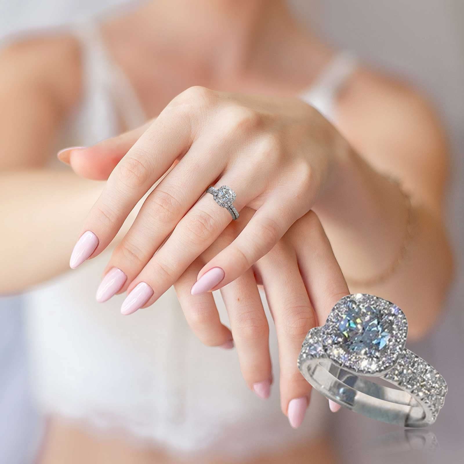 2pcs Full Diamond Ring Set for Women Exquisite Stackable Square Diamond Engagement Wedding Jewelry Birthday Valentine's Day Gifts