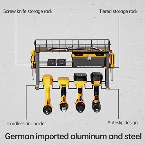 HOYRR Power Tool Organizer, Drill Holder Wall Mount, Garage Tool Organizers With 5 Drill Holders, Heavy Duty Tool Shelf With Basket, Perfect Tool Organizer Gift for Father