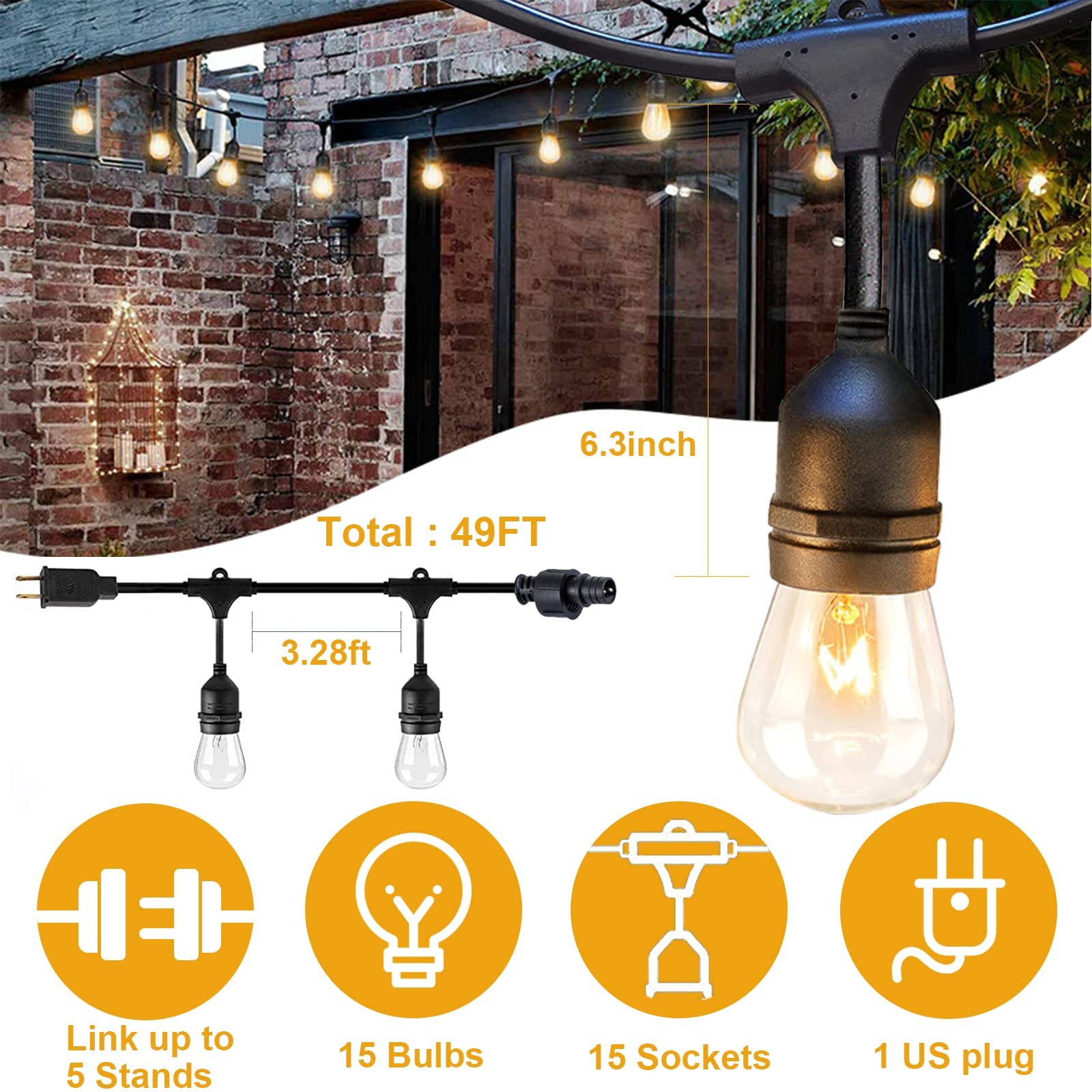 AONNYO 49FT Outdoor String Lights with 11W Edison Bulbs, Waterproof 15 Hanging Sockets with 15 Shatterproof LED Bulb Garden Light String, Create Ambience for Party, Backyard, Garden(49FT-WarmWhite)