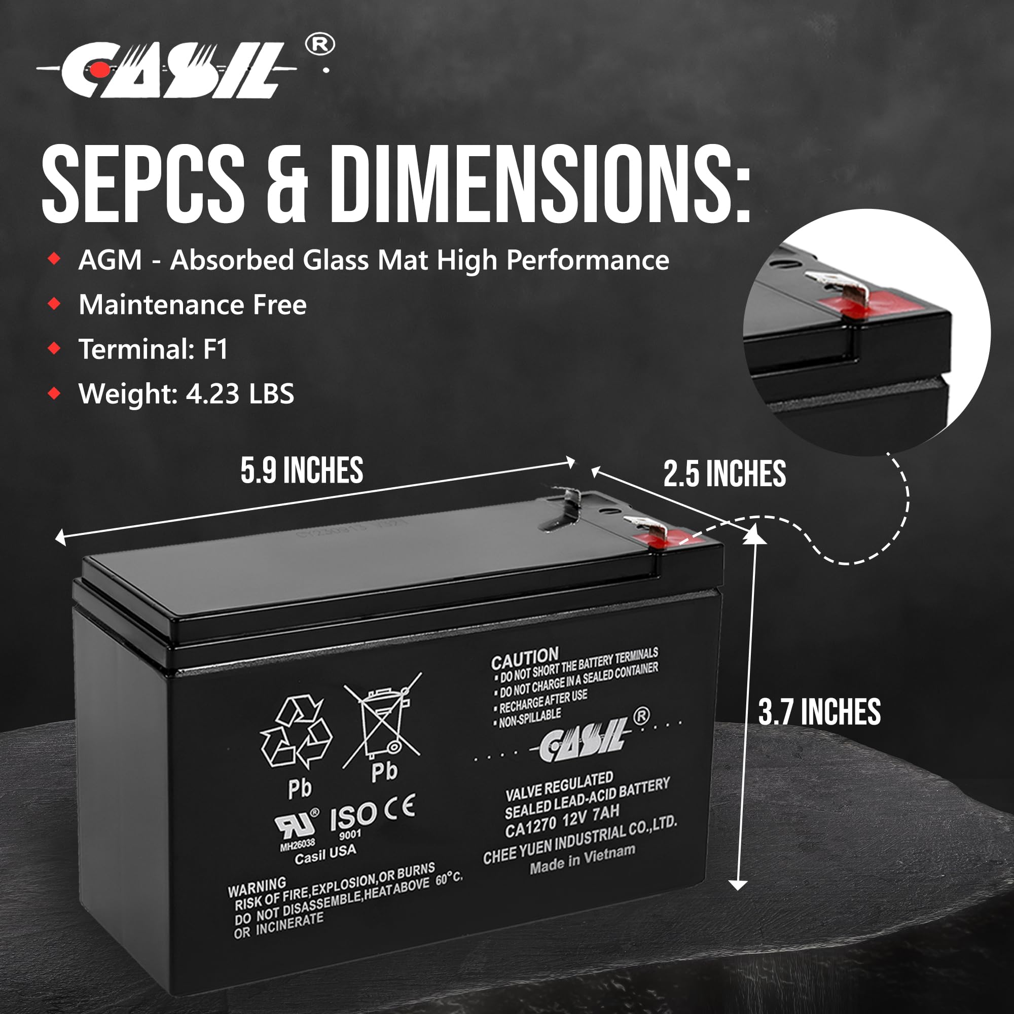 Casil 12V 7AH CA1270 Security Systems 623 Replacement Battery 12V 7Ah