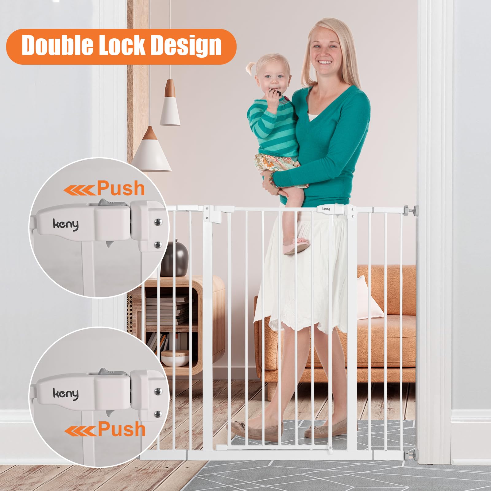 keny 36" Extra Tall Baby Gate for Stairs, 29"-42.5" Wide Auto Close Dog Gate, Pressure Mounted Easy Walk Through Pet Gate for Doorways, Durable Safety Stair Gate, White