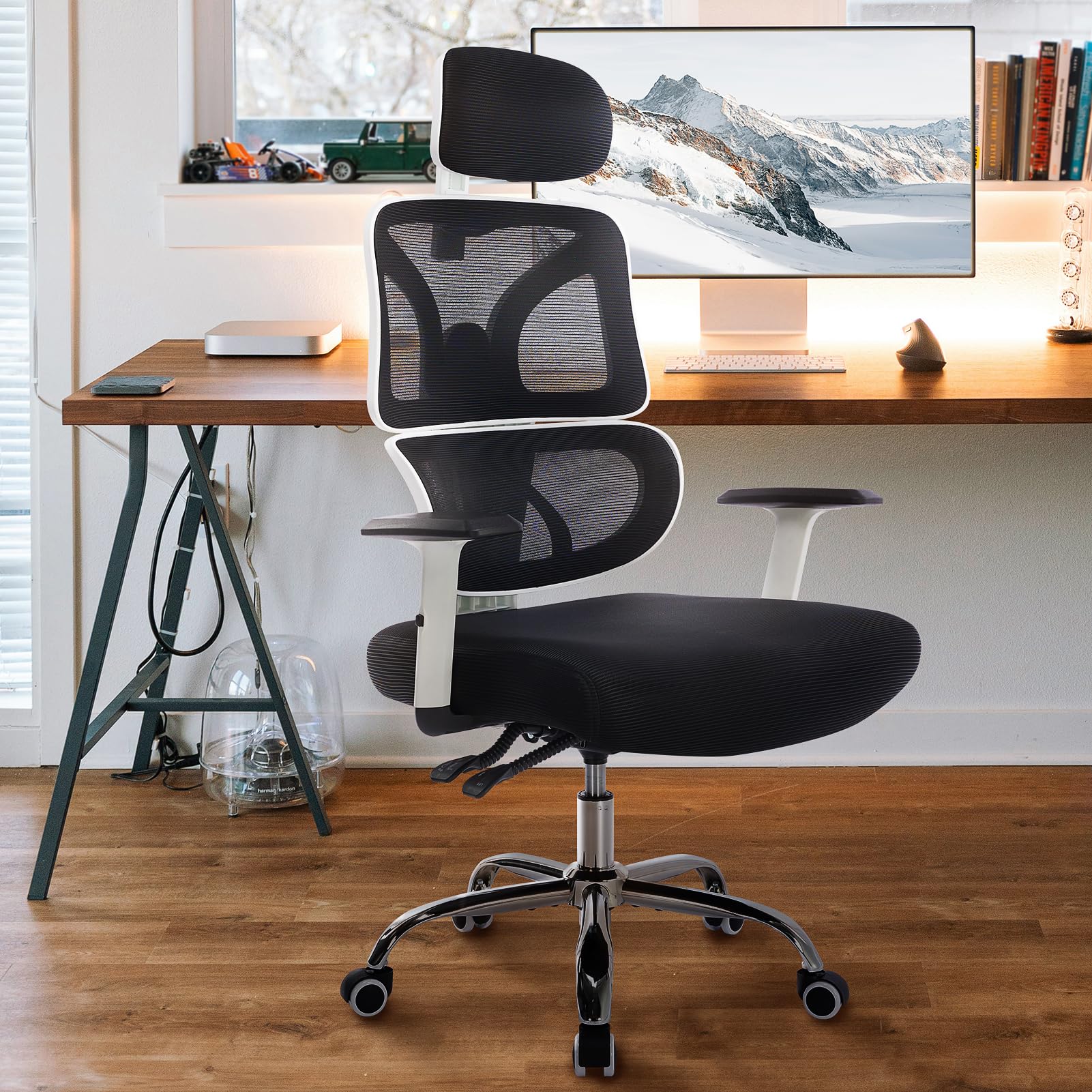 ACCHAR Desk Office Chair,Ergonomic High Back Computer Chair,Big and Tall Reclining Comfy Chair,Lumbar Support Breathable Mesh Swivel Chair with Adjustable Armrests (White and Black)