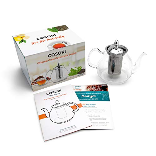 COSORI Glass Teapot Stovetop Safe Gooseneck Kettle with Removable Stainless Steel Infuser Scale Line for Blooming and Loose Leaf Tea Brewer, BPA Free Durable Borosilicate, 1000mL, Transparent