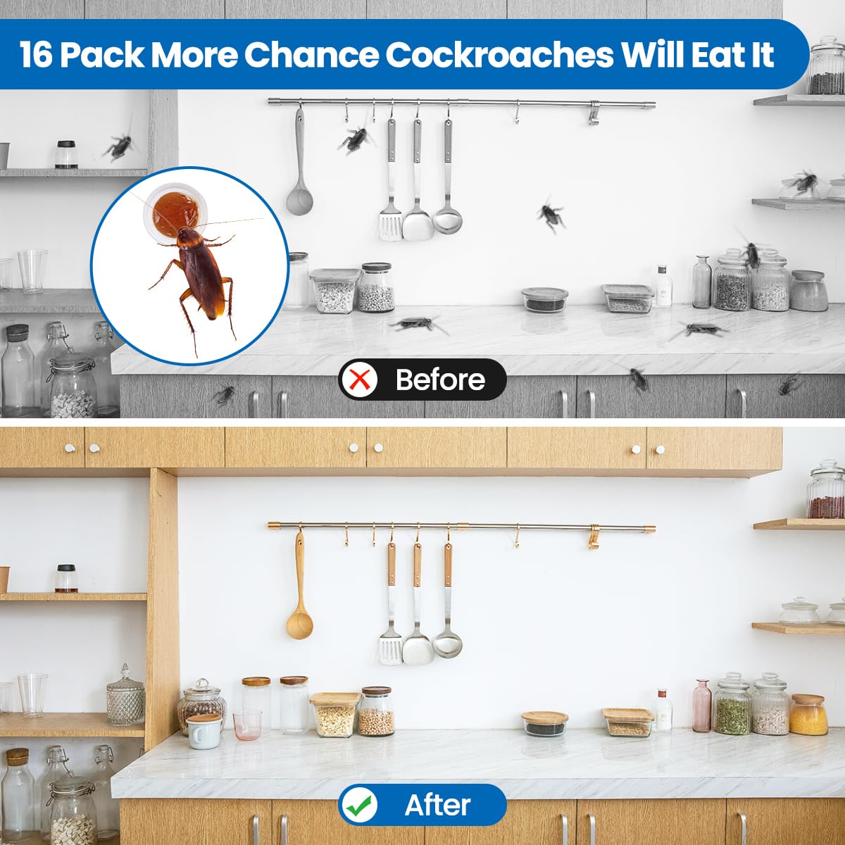 16PCS Roach Bait & Killer, Roach Repellent and Gel for Roach Nest Elimination of Indoor Infestations, Effective Solution for Small to Large Cockroaches, Easy to Use, Ideal for Hidden Areas