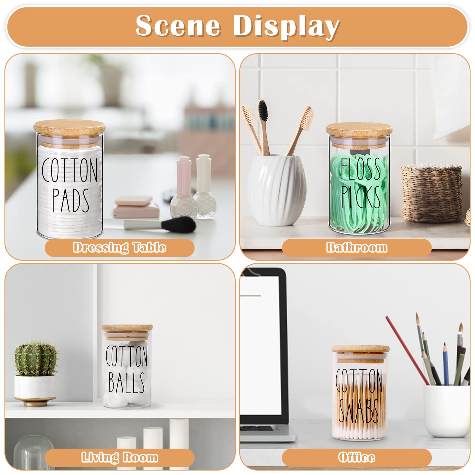 4 Pack Qtip Holder with Lid Set, 10oz Clear Glass Canister Apothecary Jars Bathroom Organizers and Storage Accessories Vanity Essential Containers for Cotton Swab, Cotton Ball, Cotton Pads, Floss Pick