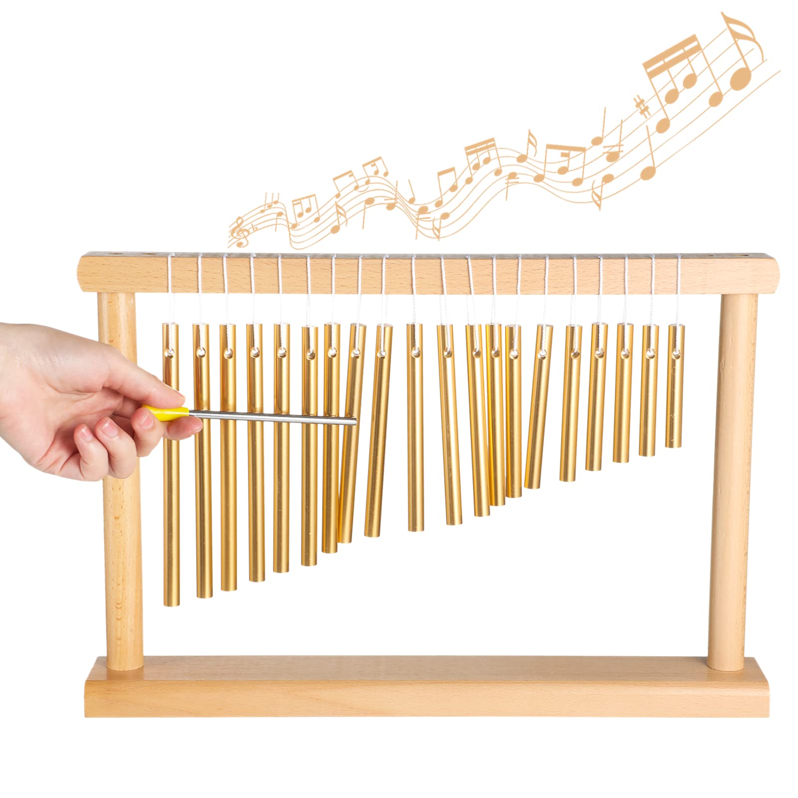20 Bars Chime Single-row Table Top Wind Chime 15.7×10.6'', CDOKY 20 Golden Metal Bars Percussion Instrument with Mallet, Treeworks Chimes for Ornament Classroom Office