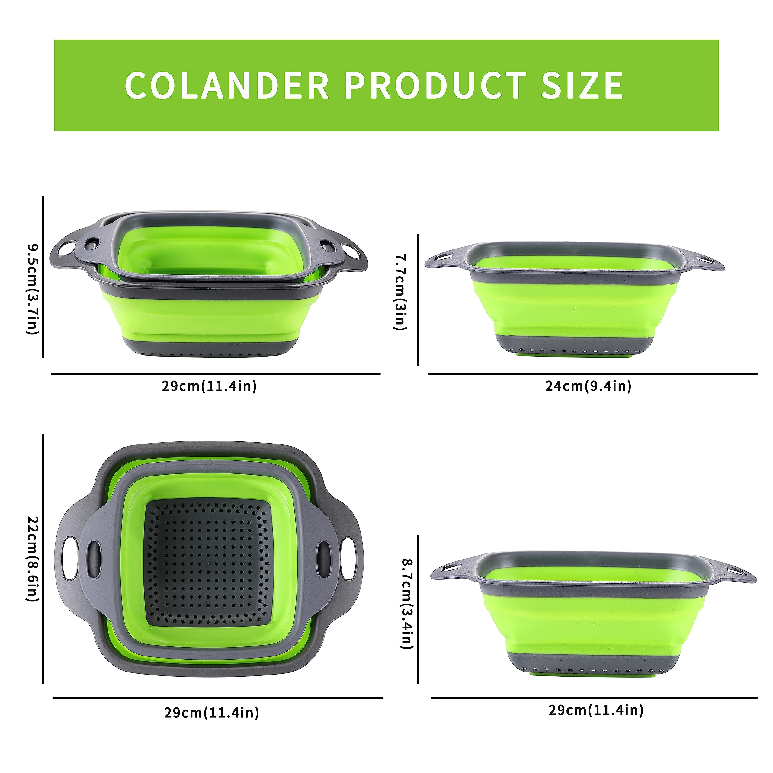 2PCS Collapsible Strainer, JJOO Silicone Collapsible Colander, 11.5 inch Square Silicone Colander and 9.5inch Square Silicone Colander, Vegetable and Fruit Colander, Kitchen Food Strainers (Green)