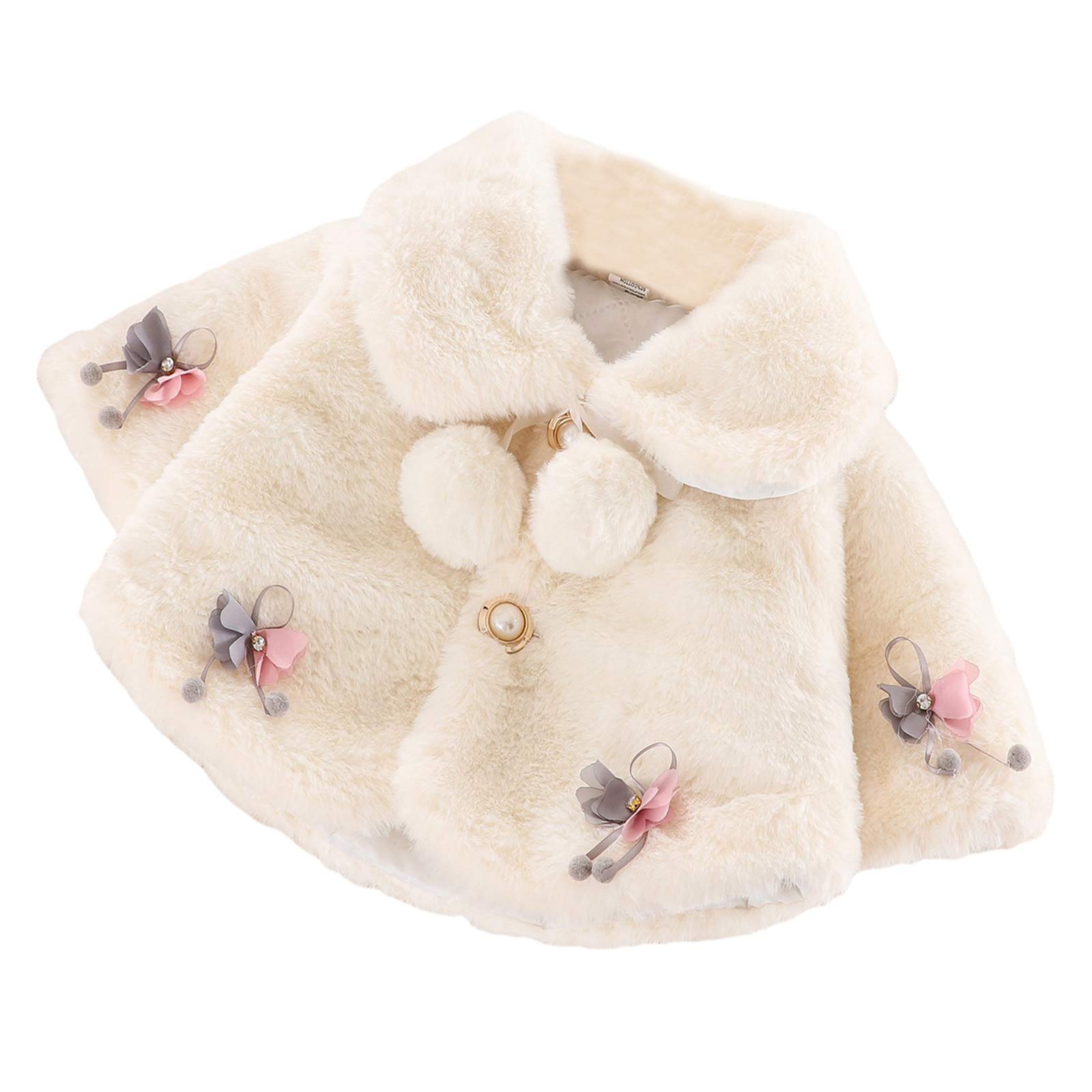 VIENNAR Infant Toddler Baby Girls Cute Winter Warm Thick Fur Capes Cardigan Cloak Coat with Bow Pom-Pom Balls (White, 6-12 Months)