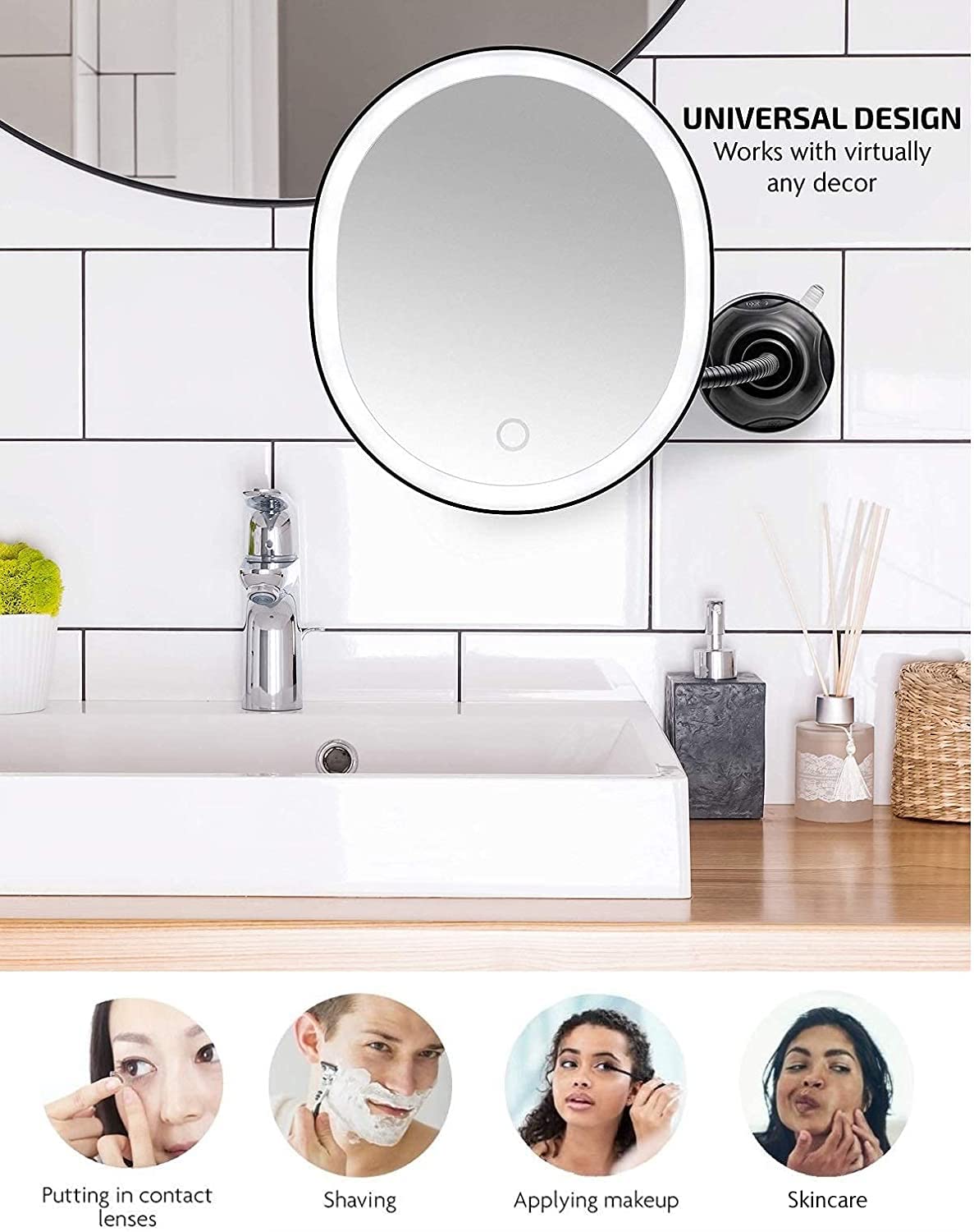 OVENTE 9'' Lighted Wall Mount Makeup Mirror with Mini Magnetic 10X Magnifying Mirror, Rechargeable Vanity Mirror, Touch Screen Dimmable LED Lights, Flexible Gooseneck & Suction Mounting, Black MOW22B