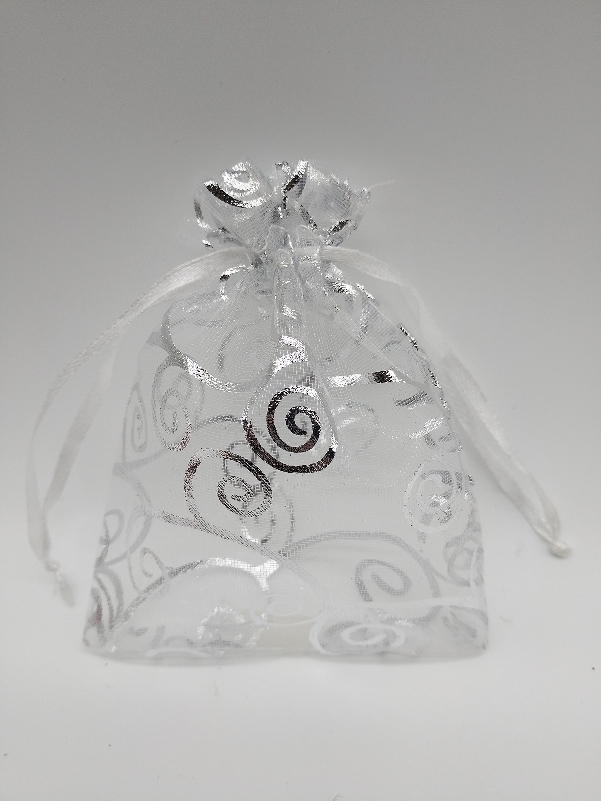 Ankirol 100pcs Sheer Organza Favor Bags For Wedding Baby Shower Rattan Print Gift Bags Samples Display Drawstring Pouches (3x4, silver)