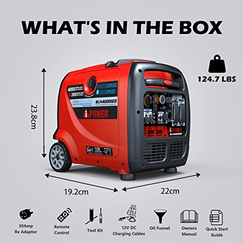 A-iPower SUA4000iER 4000 Watt Portable Inverter Generator Quiet Operation With Electric/Remote Start, RV Ready