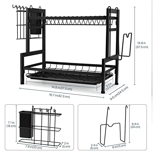 Flexzion 2 Tier Dish Drying Rack Drainboard Set, Kitchen Drying Rack Dish Drainer with Utensil Holder, Cup Hanger, Tray Plate Rack for Kitchen Countertop, Organizer, Storage Accessories, Black