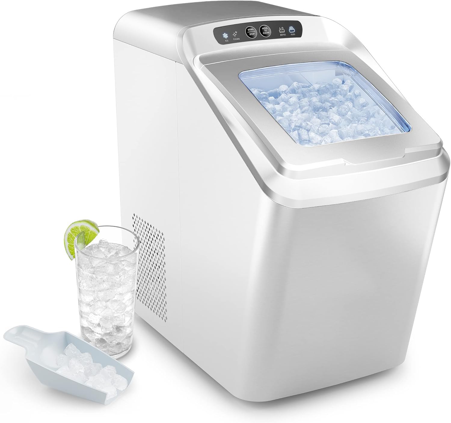 55lbs Countertop Nugget Ice Maker – Pebble Ice Machine, Soft Chewable Pellets in 5 Min, 55Lbs/24H, 3lb. Capacity, Waterline-Compatible, Self-Cleaning, Stainless-Steel + Scoop (Black)