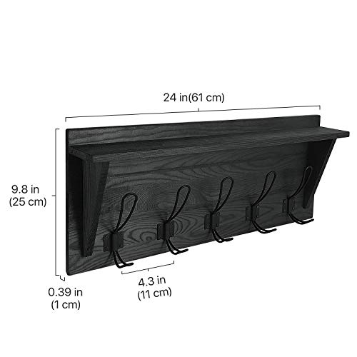 Flexzion Wall Shelf with Hooks, Wall Coat Rack with Double Loop Hooks, 24-Inch Vintage Black Entryway Shelf with Coat Hooks Wall Mounted Rustic Farmhouse Wood Floating Shelves with Coat Hanger