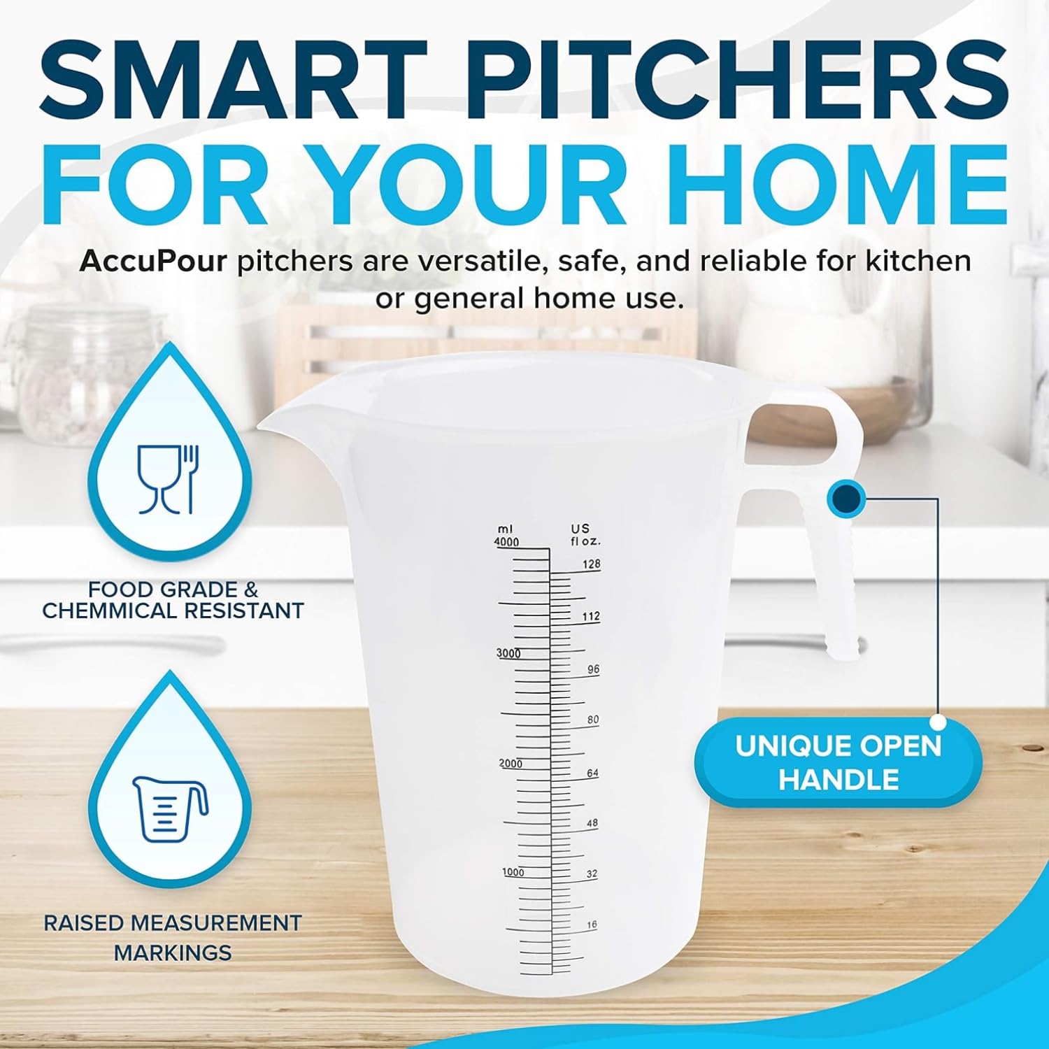 ACCUPOUR Measuring Pitcher, Plastic, Multipurpose - Great for Chemicals, Oil, Pool and Lawn - Ounce (oz) and Milliliter (mL) Increments, Bundle with ACCUTECH Nitrile Gloves (13 mil) XL (32oz)
