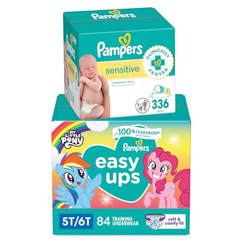 Pampers Easy Ups and Baby Wipes - Pull On Disposable Potty Training Underwear for Girls and Boys, Size 7 (5T-6T), 84 Count, ONE MONTH SUPPLY with Sensitive Wipes, 6X Pop-Top Packs, 336 Count
