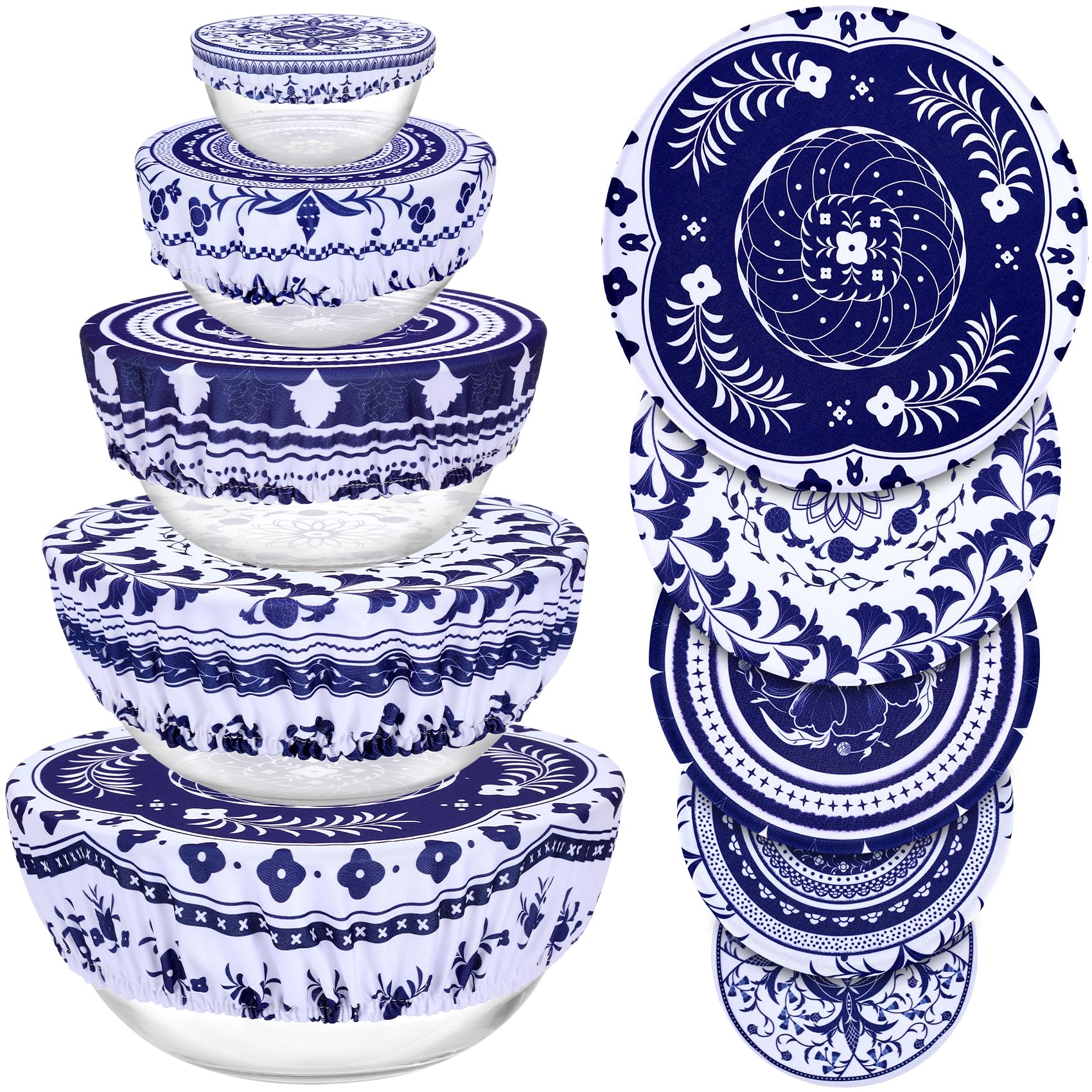 5 Pieces Bowl Covers Reusable, 5 Size Stretch Cloth Bowl Covers for Bread Proofing Cotton Fabric Elastic Bowl Covers Reusable Food Covers Washable for Food Fruits Leftover (Blue)