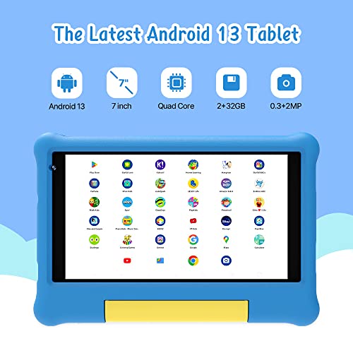 ApoloSign Kids Tablet, 7-inch Android 13 Tablet for Kids, 2GB RAM+32GB ROM with WiFi, Bluetooth, Parental Control APP, Educational Games, Dual Cameras, Shockproof Case(Blue)