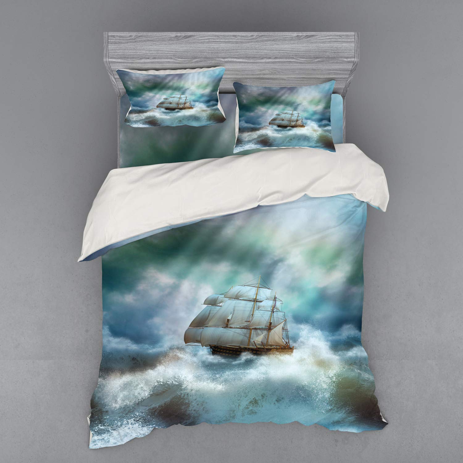 Ambesonne Ocean Bedding Set, Majestic Nautical Sealife and Pirate Boat Ship on a Wavy Deep Sea Art Print, 4 Piece Duvet Cover Set with Shams and Fitted Sheet, Queen Size, Blue Grey and White