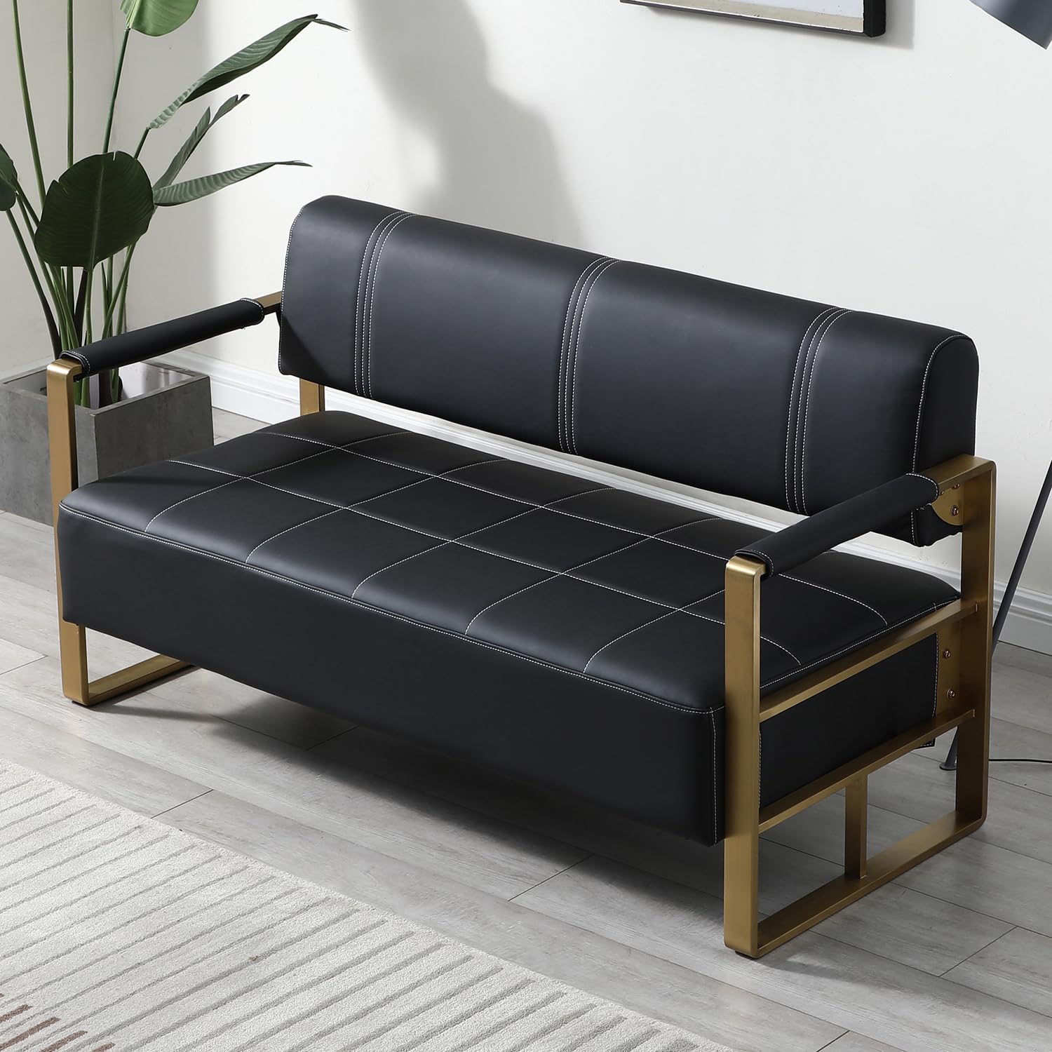 57.9" Faux Leather Loveseat Sofa, Mid Century Modern Sofas Small Couch with Gold Armrests & Legs, Upholstered 2-Seater Love Seat Couches for Living Room, Apartment, Office, Shop, Anteroom (Black)