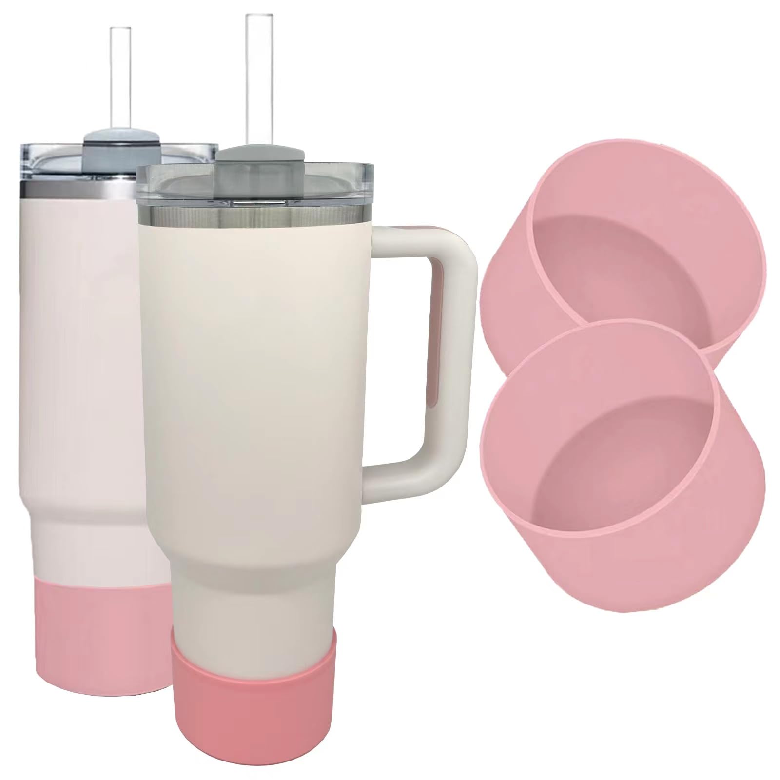 2PCS Silicone Boot Cover Compatible with Stanley Quencher 40 oz 30 oz 20 oz Tumbler with Handle Protect Water Bottle Cup Bottom Bumper Cover Compatible with Stanley Tumbler Accessory (Pink)