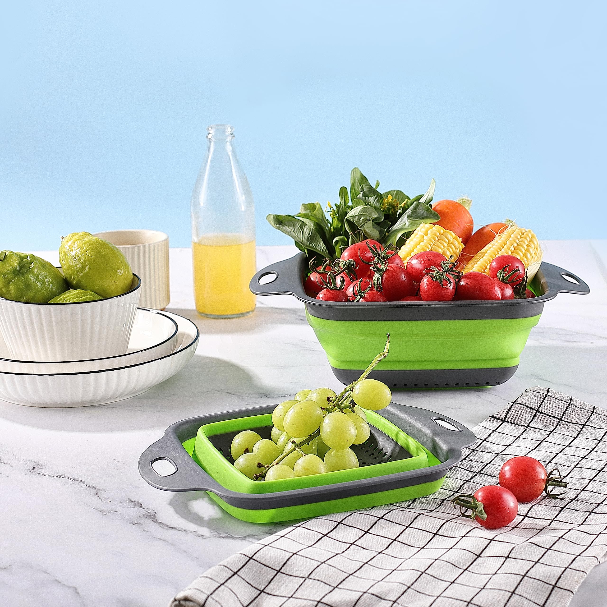 2PCS Collapsible Strainer, JJOO Silicone Collapsible Colander, 11.5 inch Square Silicone Colander and 9.5inch Square Silicone Colander, Vegetable and Fruit Colander, Kitchen Food Strainers (Green)