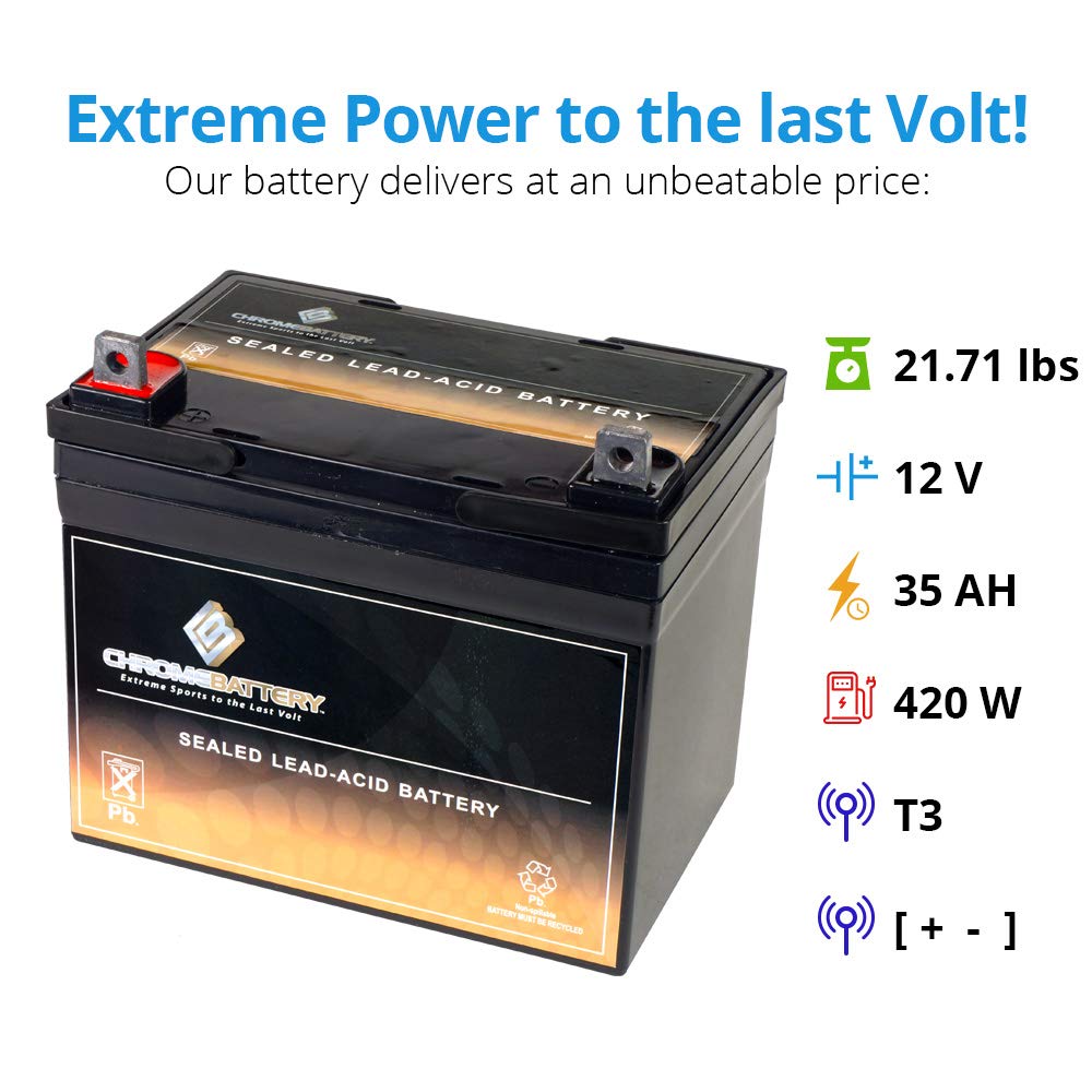 Chrome Battery 12V 35AH SLA Rechargeable Replacement Battery for Lawn Mower, UPS Back Up, and More: 7.68 x 5.12 x 6.46, Nut and Bolt (T3) Terminal