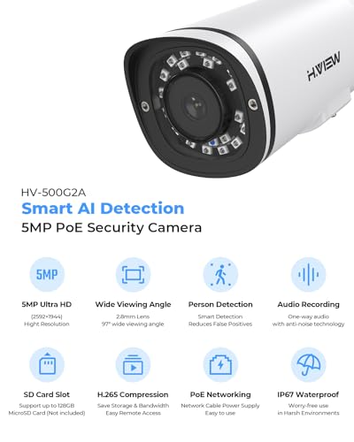 H.VIEW 5MP POE Security ip Camera cctv Surveillance network camera Outdoor indoor HD Mic video Audio sd card Weatherproof 2.8mm IR Night Vision rtsp rtmp nas (Hikvision Compatible)