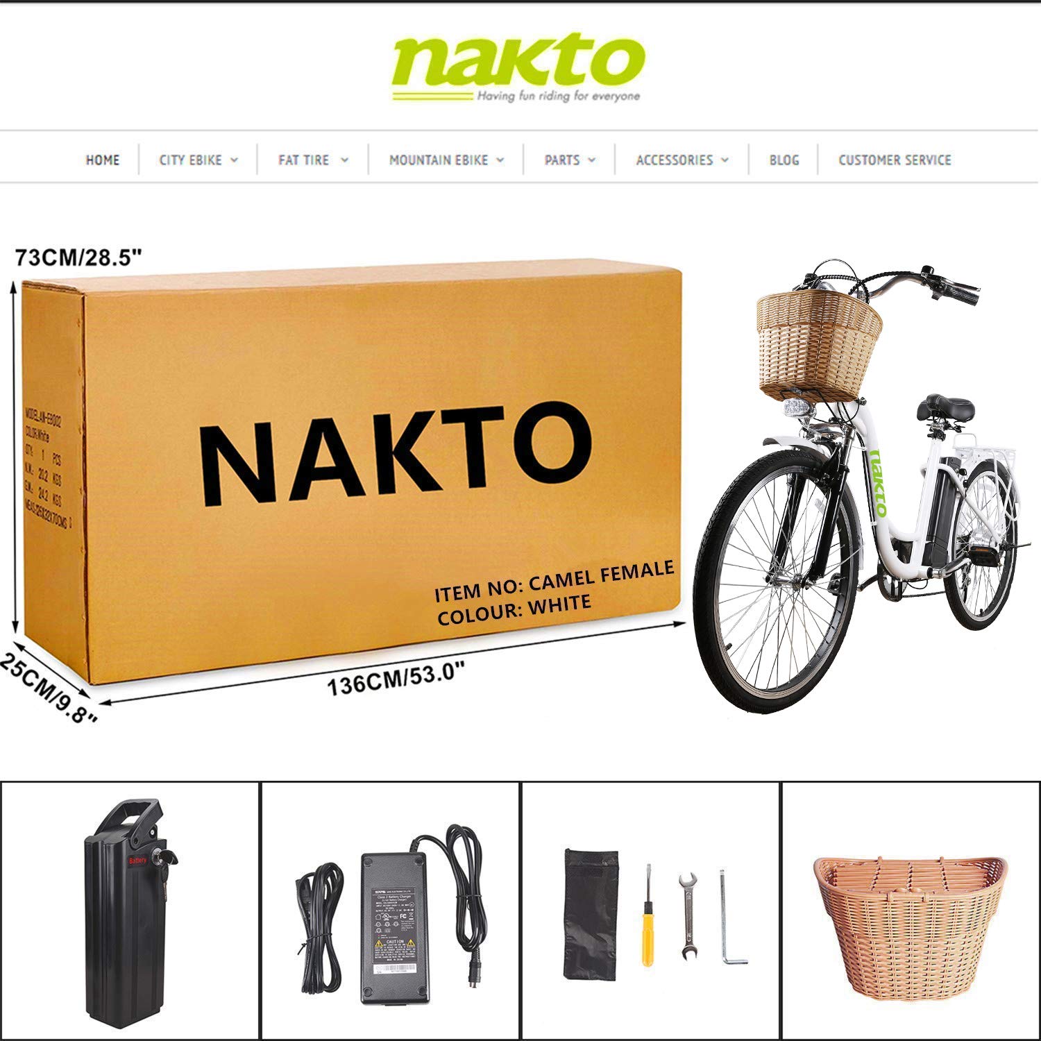 26" 250W Cargo Electric Bicycle 6-Gear Speed Sporting Ebike 36V10A Lithium Battery -Class AAA(White)