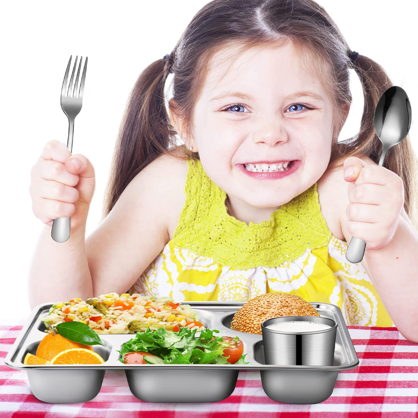 20 Pcs Stainless Steel Dinnerware Set, Including Stainless Steel Rectangular Divided Dinner Tray Spoons and Forks Set Silver Stainless Steel Cups and Stainless Steel Bowl for Home Kitchen Restaurant