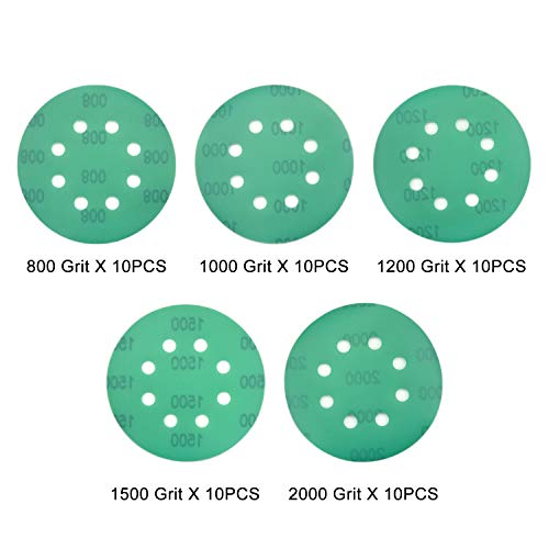 5 Inch Sanding Discs 50Pack 8 Hole Hook and Loop 800/1000/1200/1500/2000 Assorted Fine Grit Wet Dry Green 5” Sanding Disc for Random Orbital Sander Wood Metal Car Plastic Polishing and Finishing