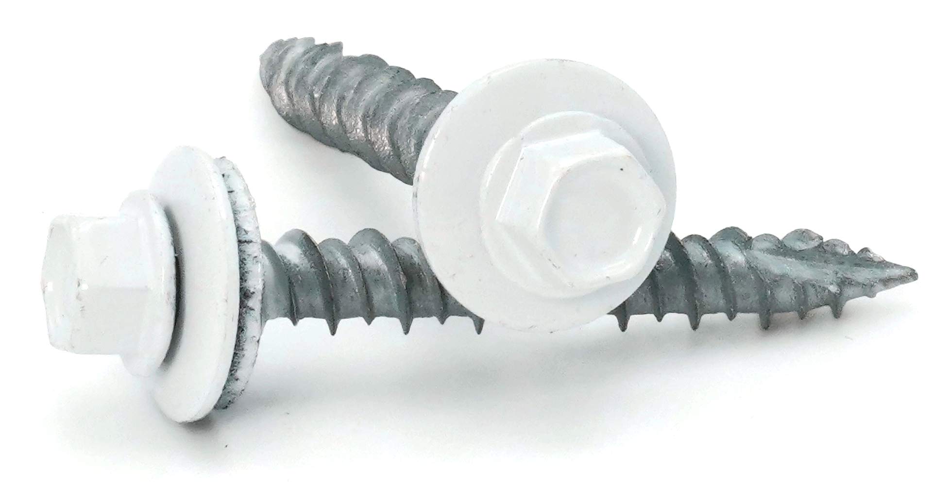 Hex Washer Head Hi-Lo Thread Mechanical Galvanized Roofing Screws White Finish - #10 x 2" Qty 100