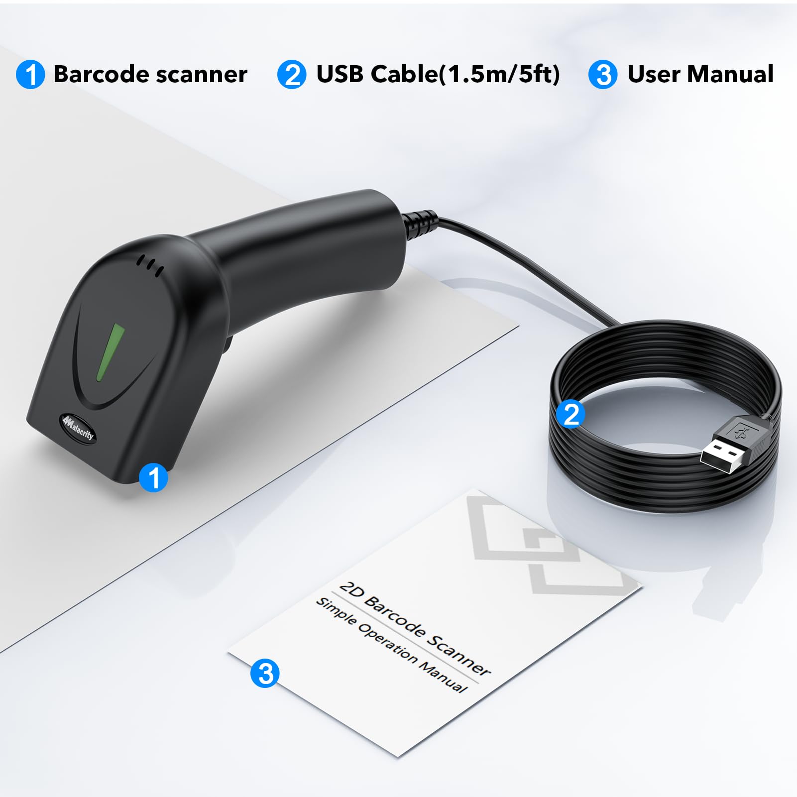 2D Barcode Scanner,Alacrity USB Wired Handheld QR Code Scanner Reader,Plug and Play,Compatible with Windows,Mac,Android,Linux,Work with PC,POS Machine,Laptop in Retails,Book Store,Pharmacy