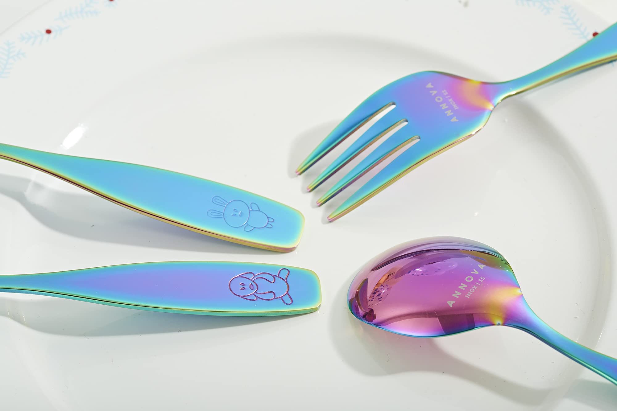 ANNOVA Kids Silverware Children's Safe Flatware Set Stainless Steel - Forks, Dinner Spoons, Toddler Utensils (Engraved Dog Bunny) (UV Rainbow,12 Pieces)