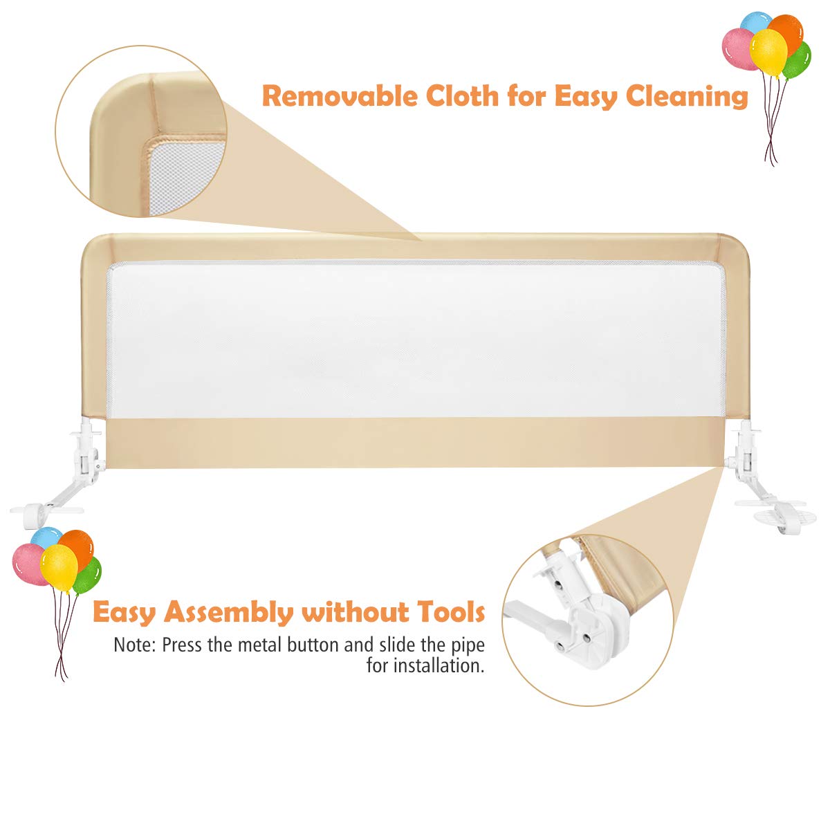 Costzon Bed Rail for Toddlers, 2 PCS Extra Long Swing Down Safety Bed Guards w/Straps for Convertible Crib, Kids Twin, Double, Full Size, Queen & King Bed, Folding Bed Rails for Baby (59-Inch, Beige)